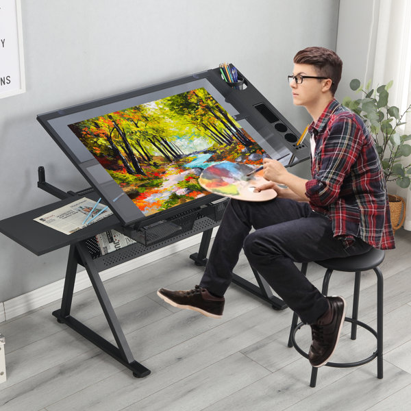 Latitude Run® Height Adjustable Metal Drafting Table With Stool, Drawing Desk With Tiltable ...